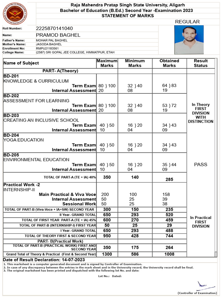 Bed Second Year Marksheert | PDF | Educational Stages | Vocational ...
