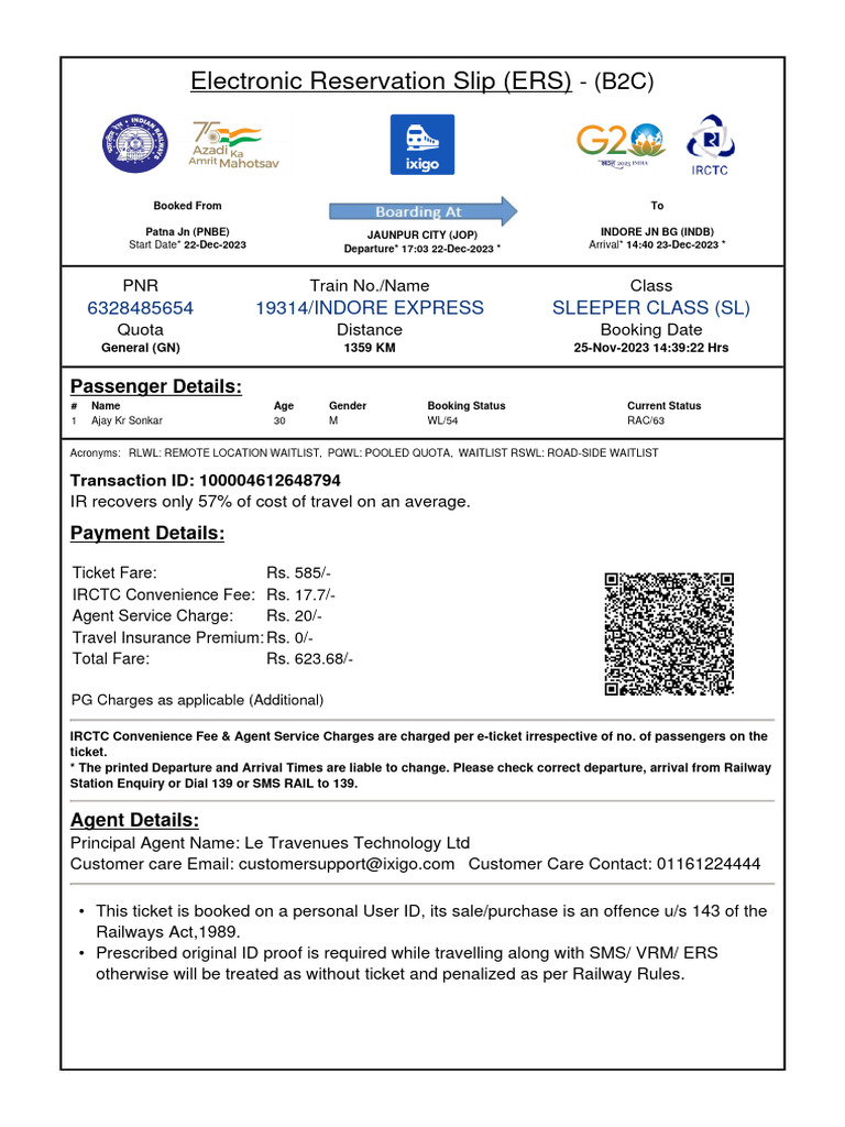 Electronic Reservation Slip for Train Booking | PDF