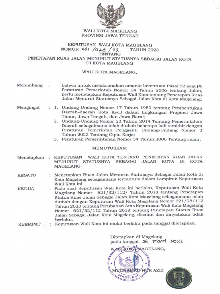 2023 - SK Status Jalan Kota Magelang 2023 (Cap) | PDF