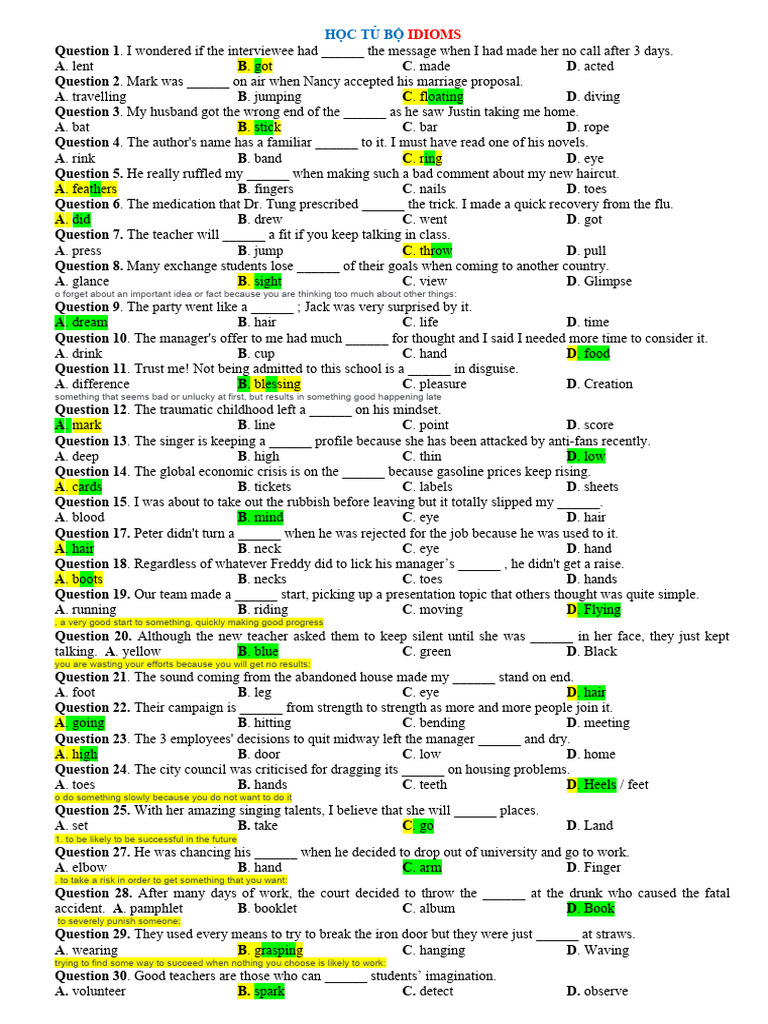 19. IDIOMS THƯỜNG GẶP - KEY) | PDF