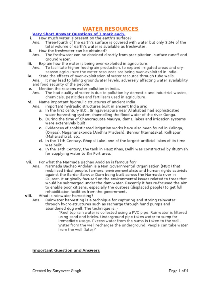 Chapter 3 Water Resources Q & Ans | PDF | Water Resources | Dam