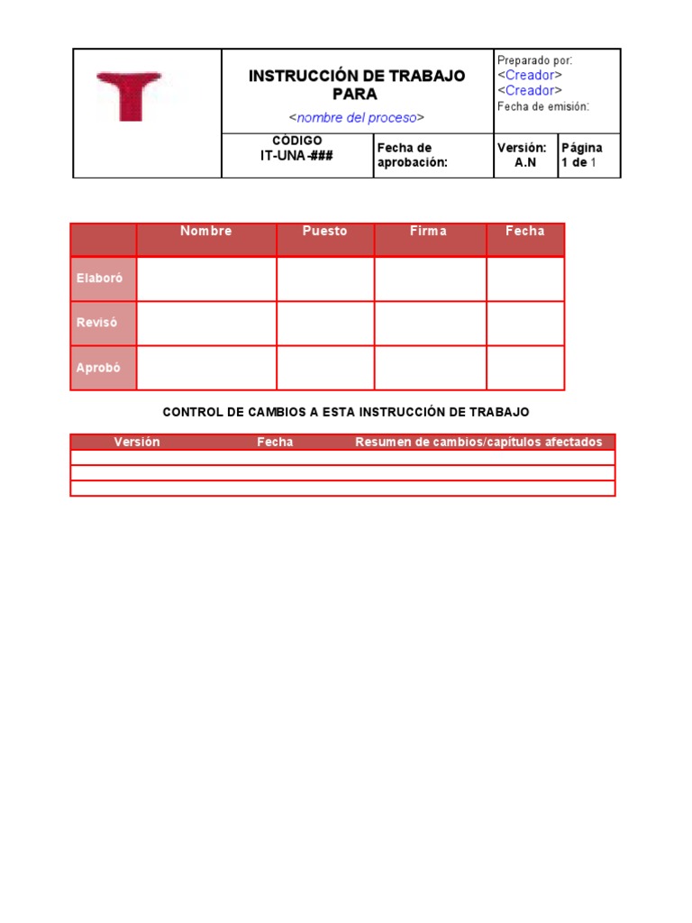 Plantilla Instrucción de Trabajo