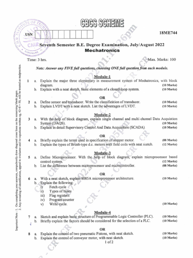 VTU Question Paper of 18ME744 Mechatronics June-2022 | PDF