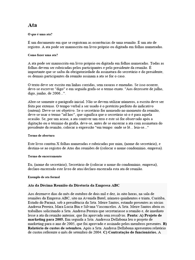 O Que É Uma Ata?: Ata Da Décima Reunião Da Diretoria Da Empresa ABC ...