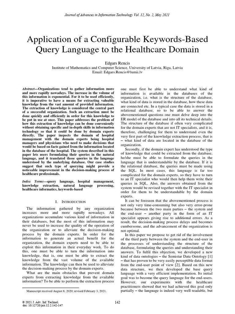 Application of A Configurable Keywords-Based Query Language To The Healthcare Domain | PDF