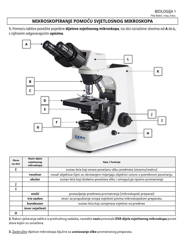 (BIO1) Svjetlosni Mikroskop - Mikroskopiranje (Radni Listic-Prakticni Rad) | PDF