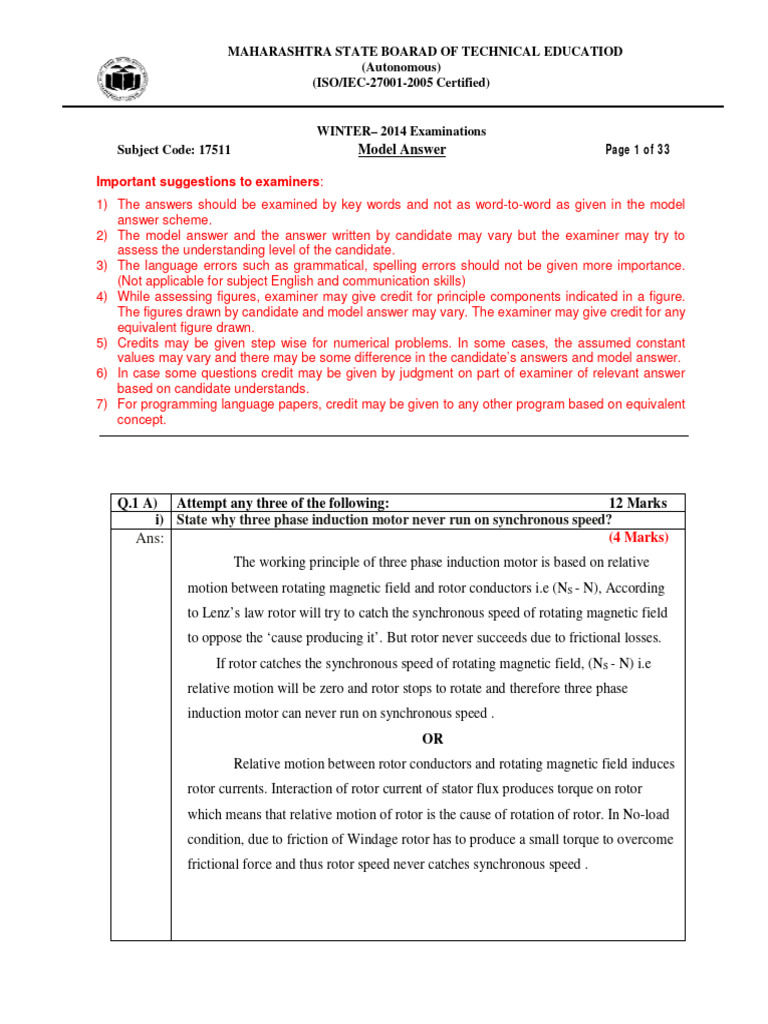 2014 Winter Model Answer Paper | PDF