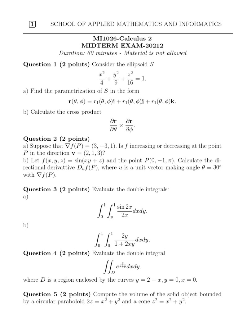 MI1026-Calculus 2--Midterm Exam-20212 | PDF