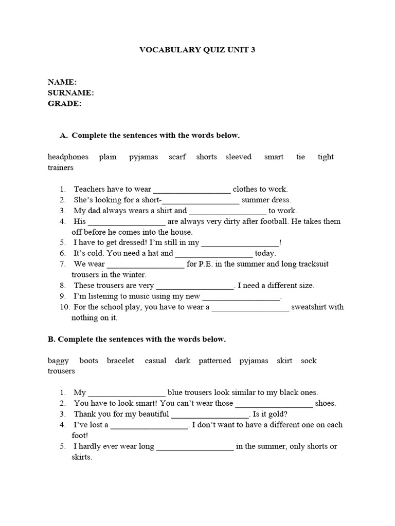 A1 Vocab Quiz Unit 3 | PDF