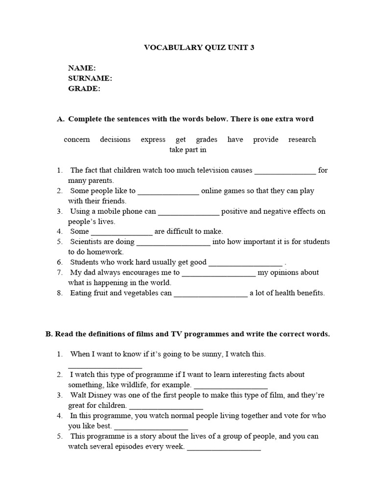 A2 Vocab Quiz Unit 3 | PDF