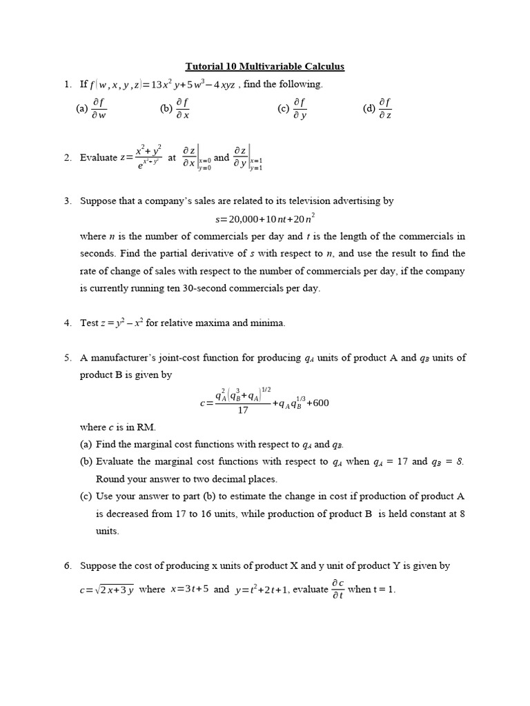 Tutorial 10 Multivariable Calculus | PDF | Derivative | Mathematics