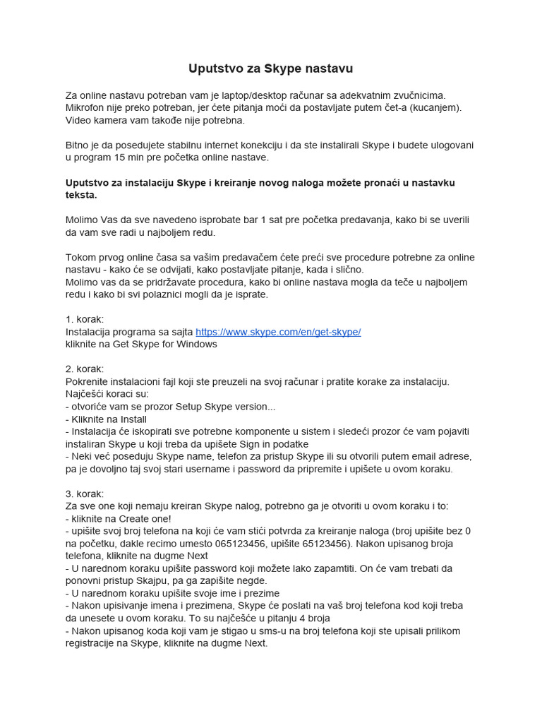 Online ucenje Uputstvo za Skype nastavu (1) | PDF