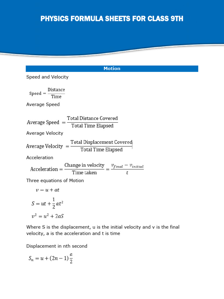 Class 9th Physics Formula Sheets 80 | PDF | Science & Mathematics
