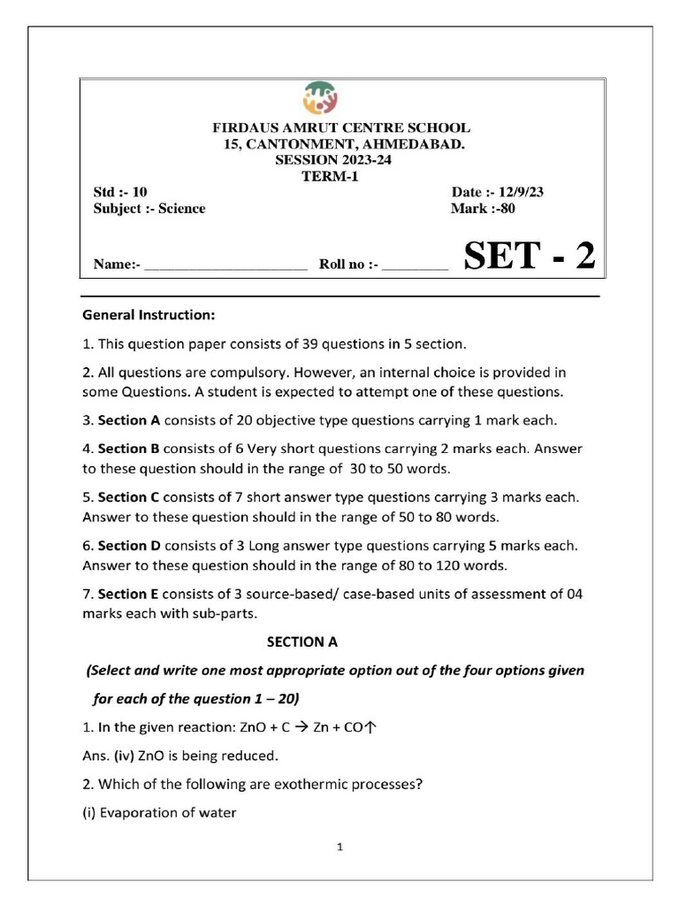 Answer Key STD 10 Science ST 2 | PDF