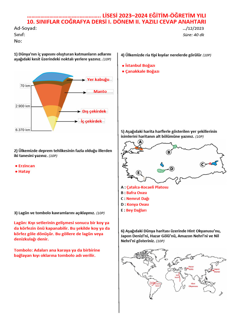 10 Sinif 1 Donem 2 Yazili Cevap Anahtari 2023 2024 | PDF