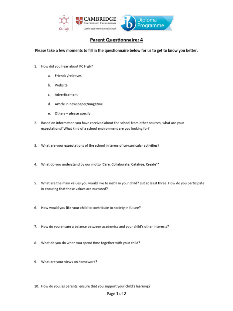 Parent Questionnaire 4 For Grade 1 Upwards | PDF | Teachers