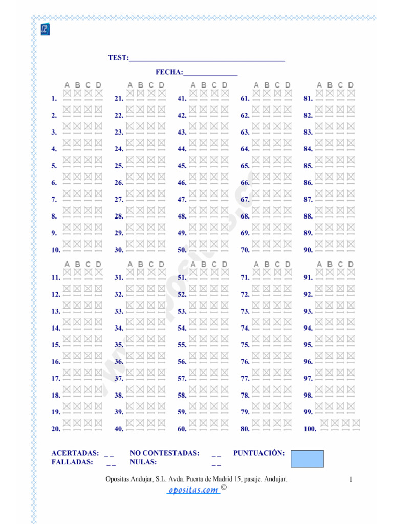 Microsoft Word - Plantilla de Respuestas - Doc - Plantilla100preguntasblanco | PDF