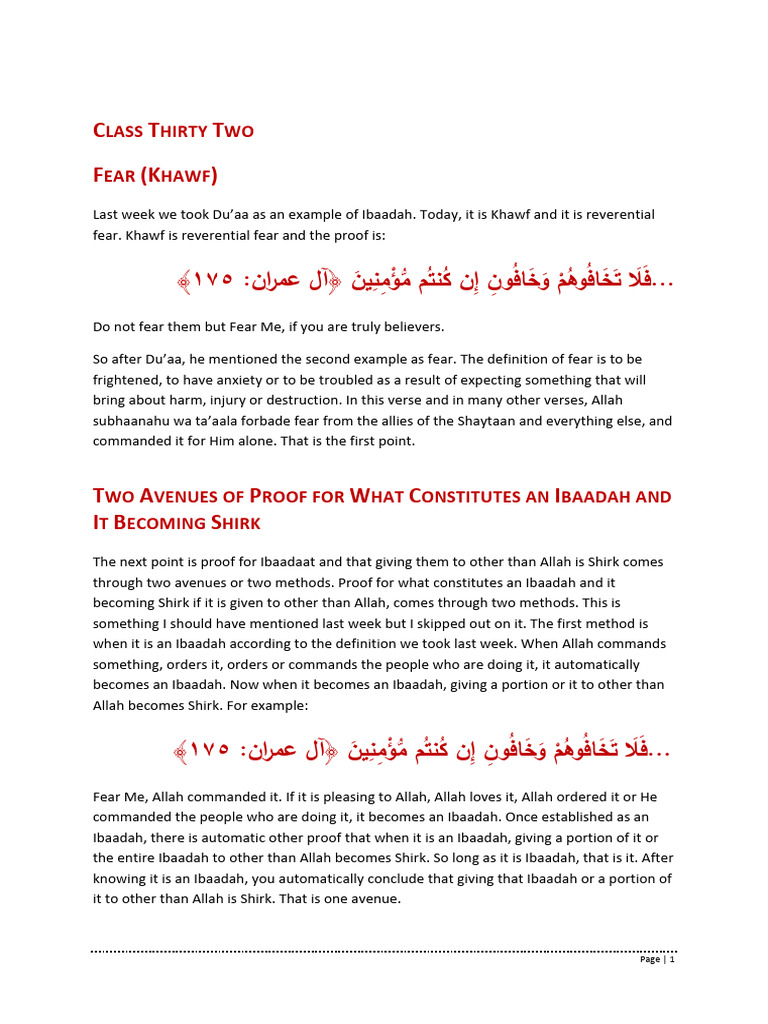 TAWHEED 32 - Fear Kawf - Explanation of The Three Fundamental ...