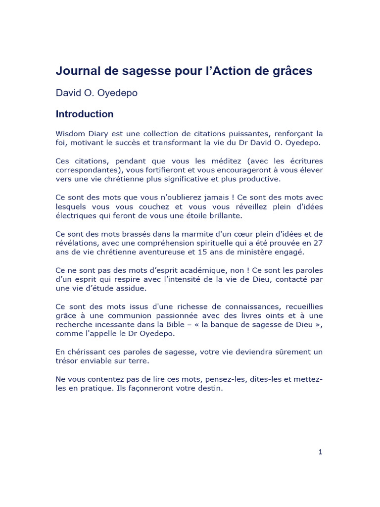 Journal de Sagesse Pour Action de Grâces - David Oyedepo | PDF Journal de Sagesse Pour Action de Grâces - David Oyedepo | PDF