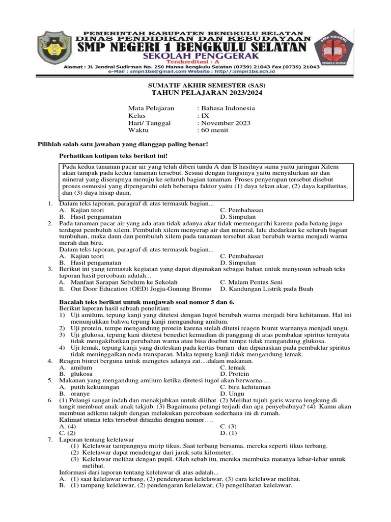Soal Sas B. Ind Kls 9 Tp. 2023-2024 | PDF