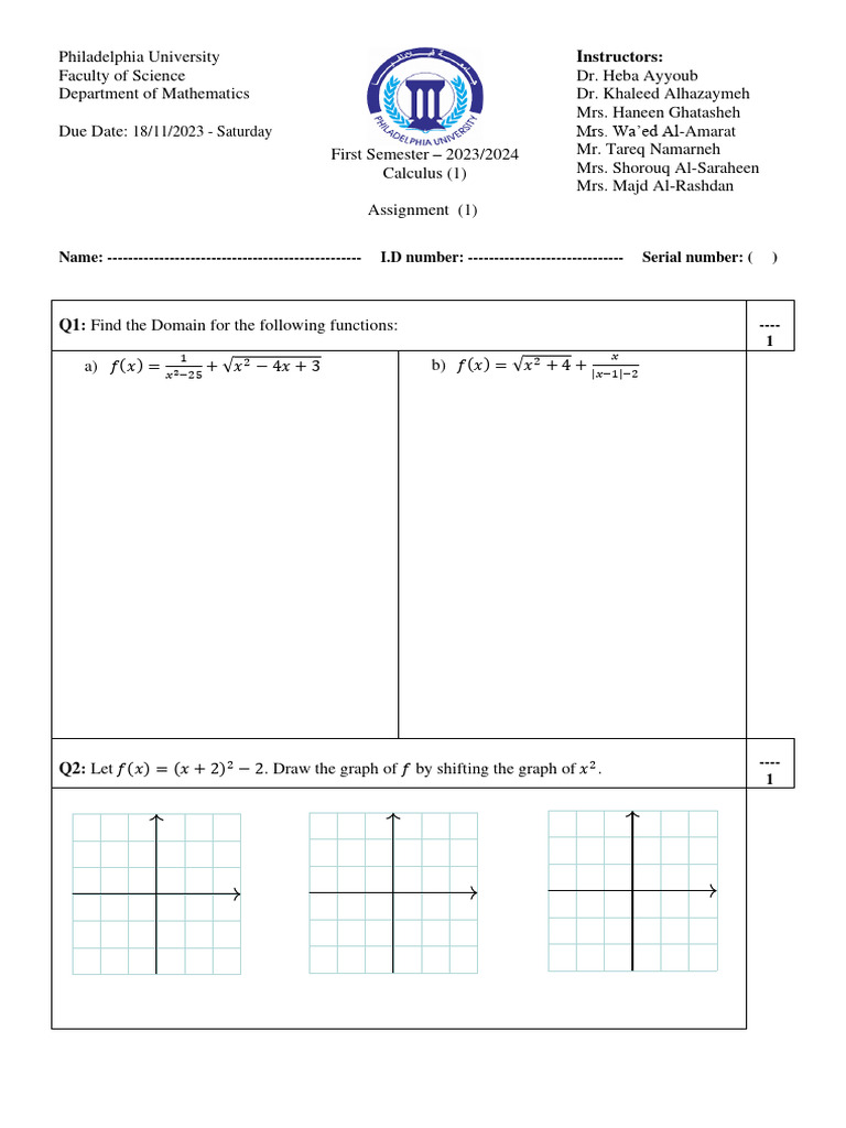 Calculus 1 Assignment - Fall 2023 | PDF | Mathematical Analysis ...