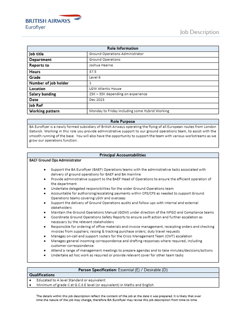 BA Euroflyer JD Ground Operations Administrator | PDF