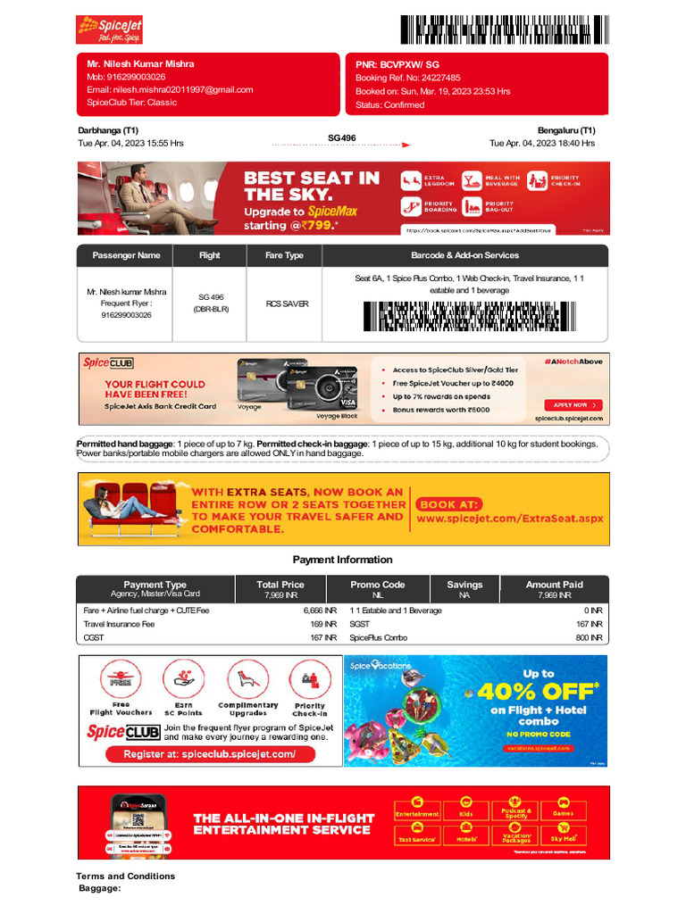 SpiceJet - E-Ticket - PNR - BCVPXW 04 Apr 2023 Darbhanga-Bengaluru For ...