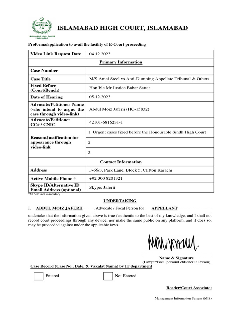 IHC E-Court Proceeding Form AMAL Steel 05.12.2023 | PDF