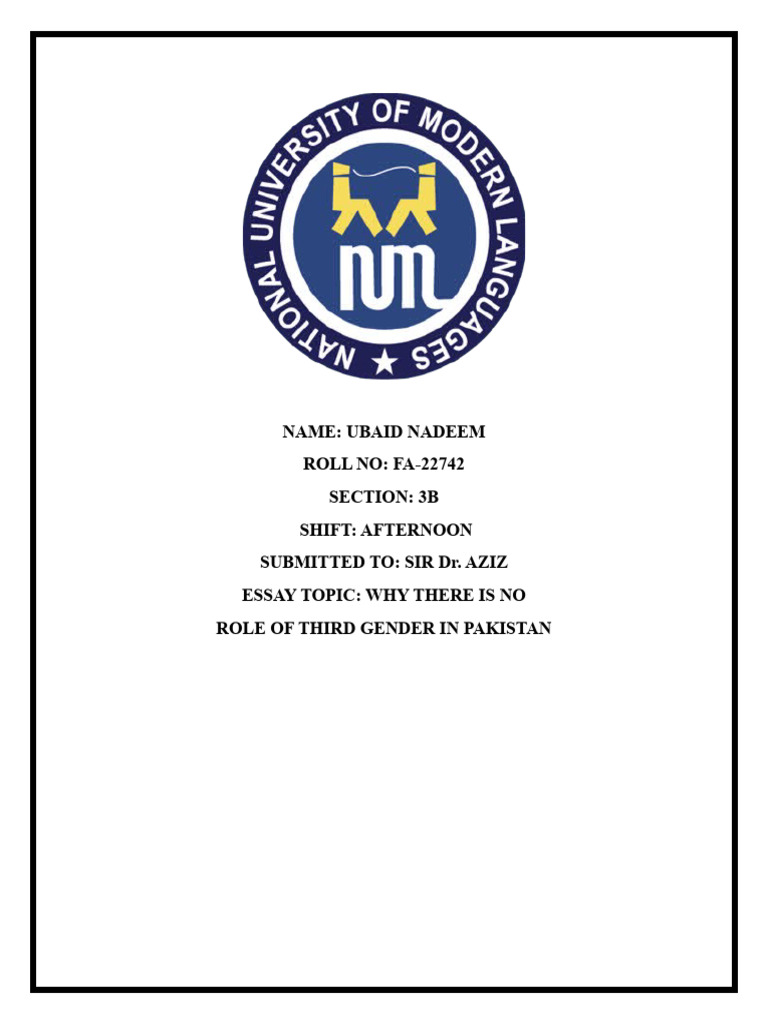 Ubaid Nadeem AW Assignment# Why There Is No Status of Third Gender in Pakistan | PDF