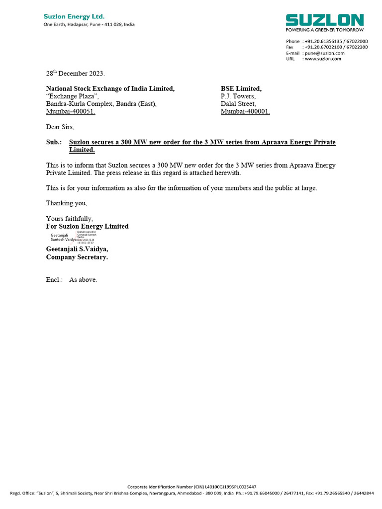 Suzlon Wins 300 MW Wind Order from Apraava | PDF | Wind Power | Economies