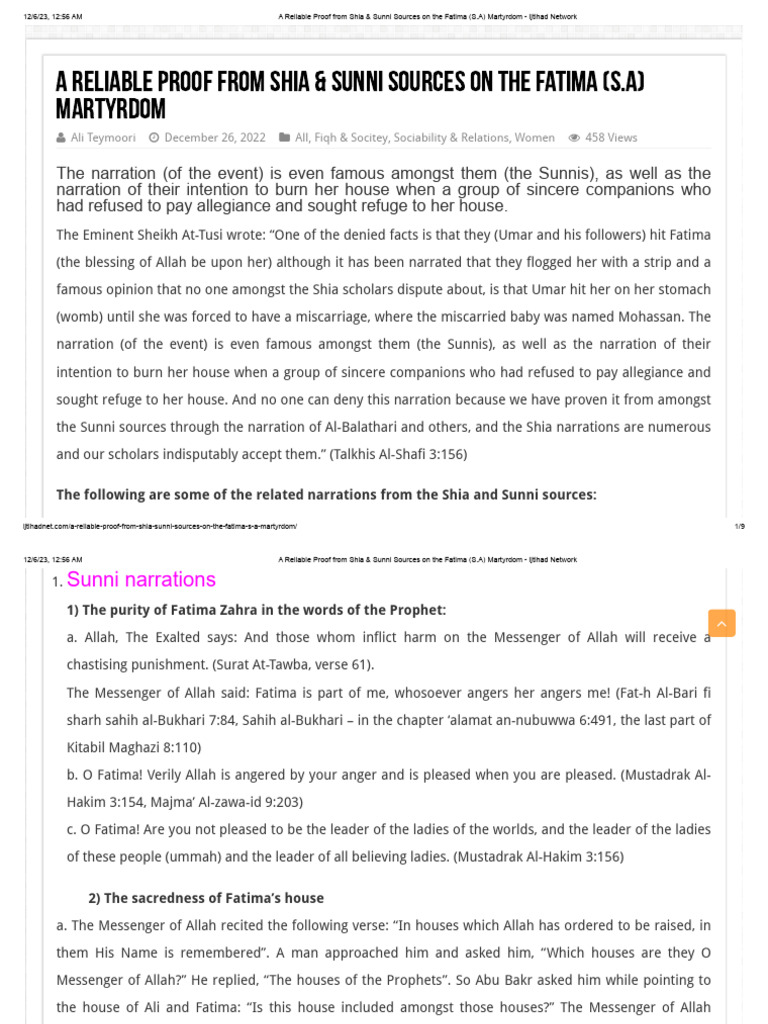 A Reliable Proof From Shia & Sunni Sources On The Fatima (S.A) | PDF | Ali | Umar