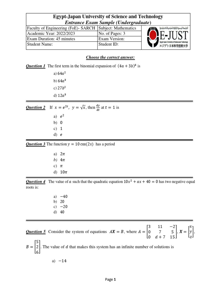 Egypt-Japan University of Science and Technology: Entrance Exam Sample ...