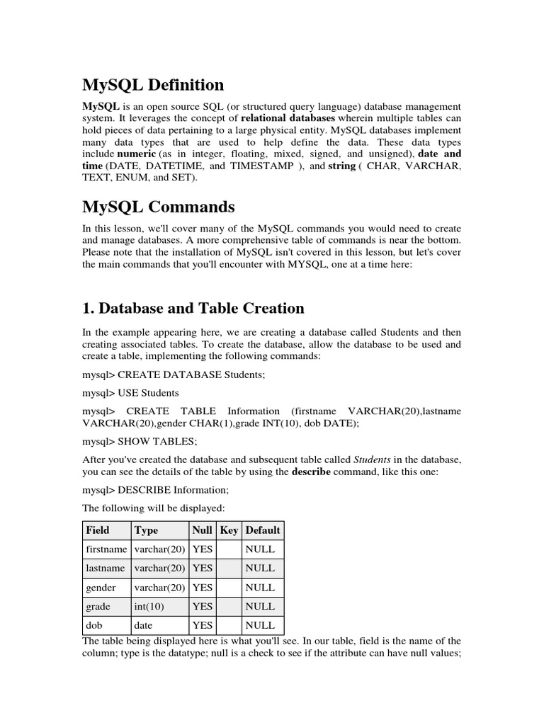 MySQL Definition | PDF | Databases | Table (Database) MySQL Definition | PDF | Databases | Table (Database)