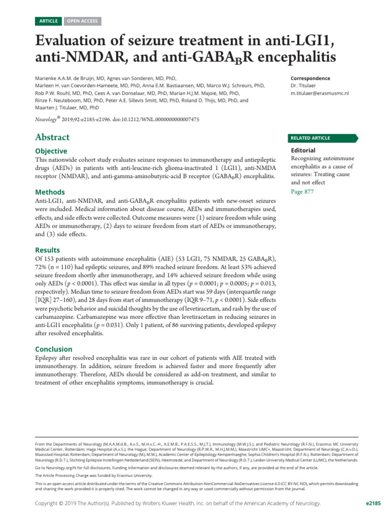 Evaluation of Seizure Treatment in Anti-LGI1, Anti-NMDAR, and Anti-GABABR Encephalitis | PDF ...