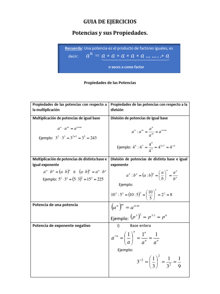 GUIA DE EJERCICIOS 1 POTENCIAS | PDF | Exponenciación | Multiplicación