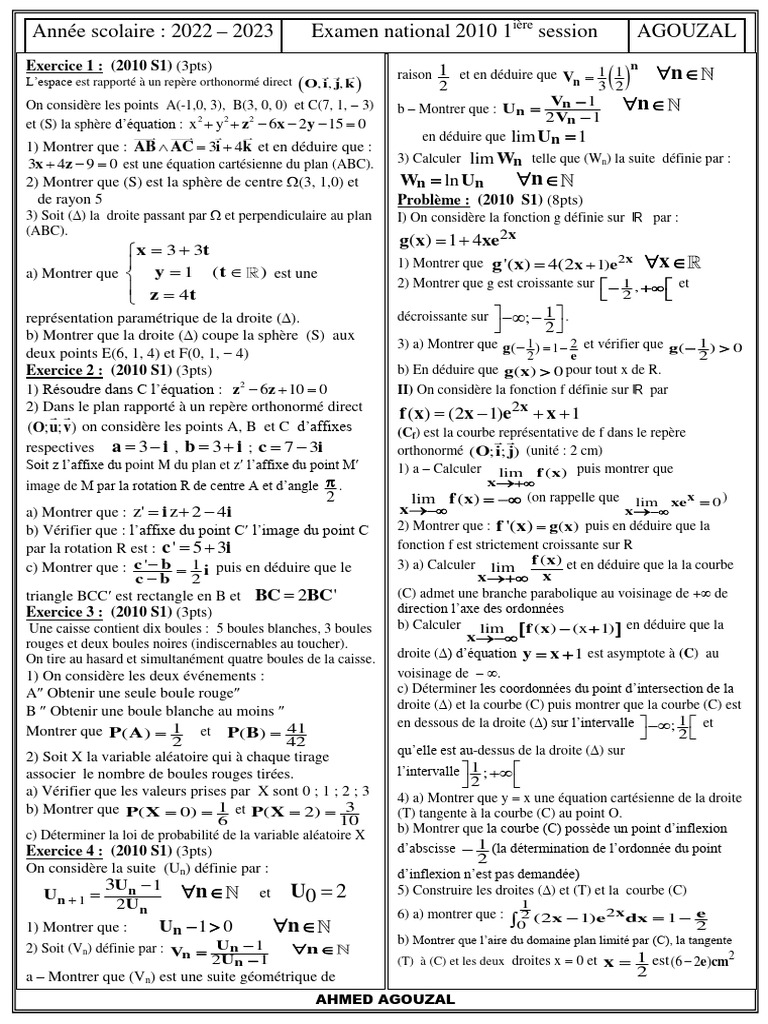 Examen National Maths Sciences Et Technologies 2010 Normale | PDF