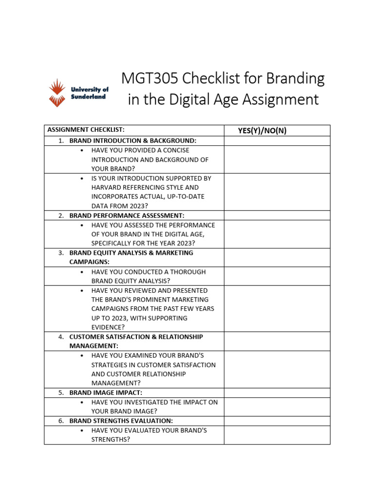 MGT305 Checklist For Branding in The Digital Age Assignment | PDF | Brand | Private Sector