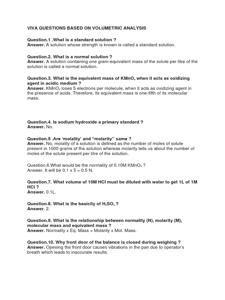 Volumetric Analysis VIVA Questions | PDF | Titration | Chemistry