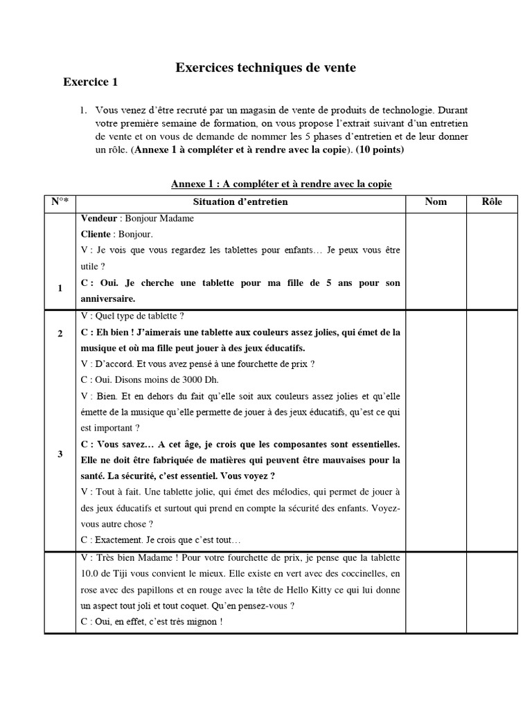Exercices Techniques de Vente et SONCAS | PDF