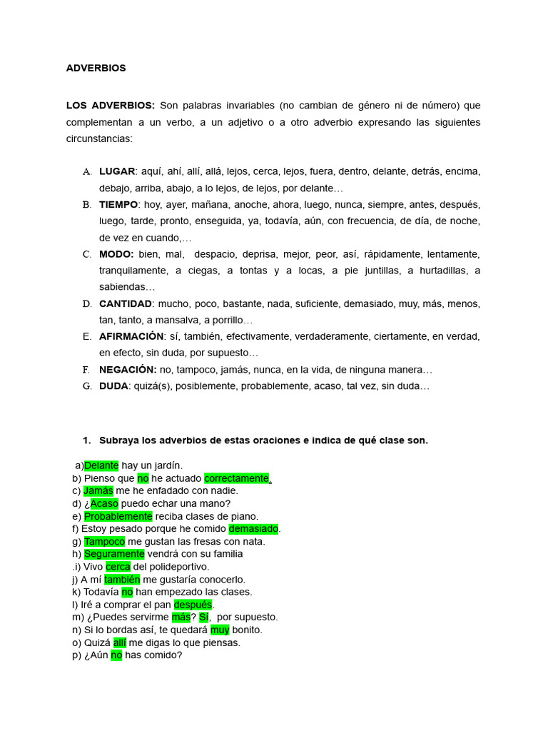 Adverbios Ejercicios | PDF