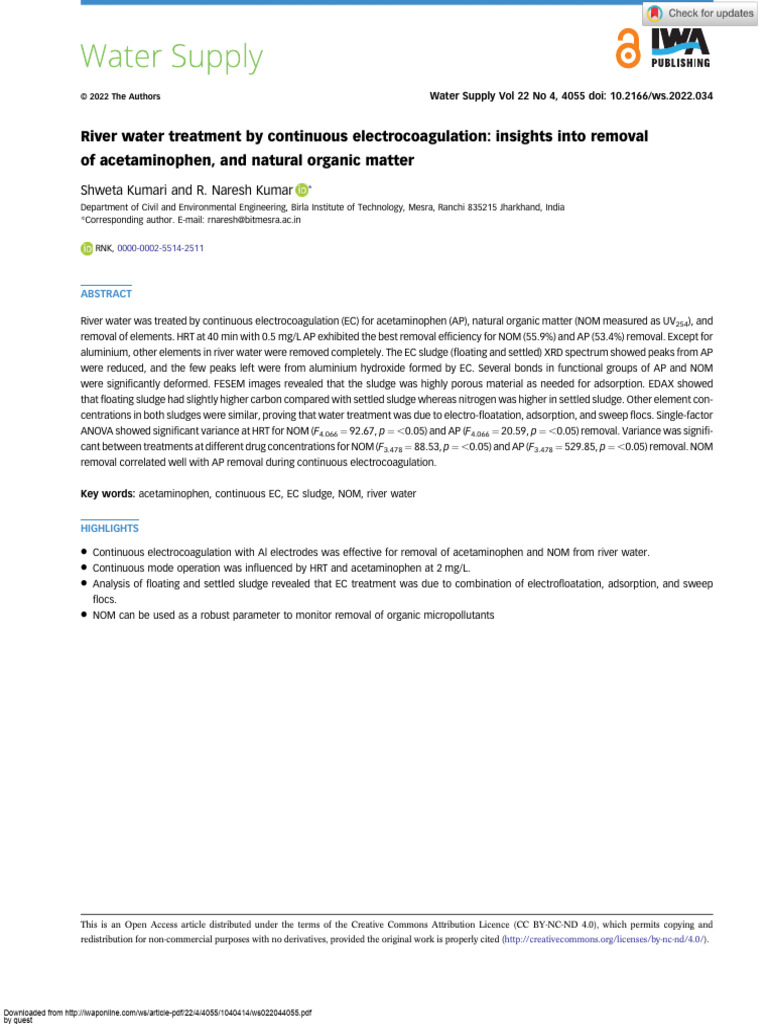 River Water Treatment by Continuous Electrocoagulation Insights Into Removal of Acetaminophen ...