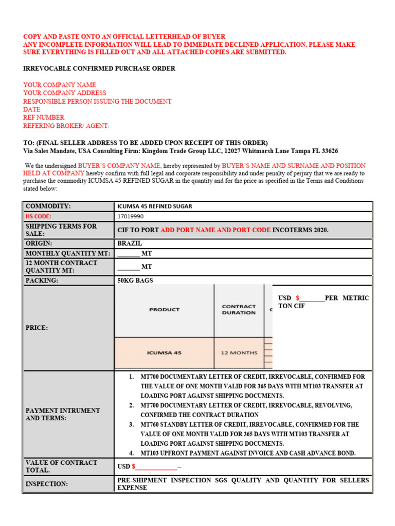 Master Icpo Icumsa 45 Template + Kyc + Aml - Sales Mandate KTG | PDF