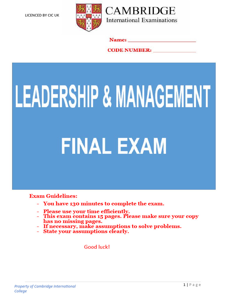 LEADERSHIP & MANAGEMENT EXAM | PDF | University Of Cambridge | Laboratories