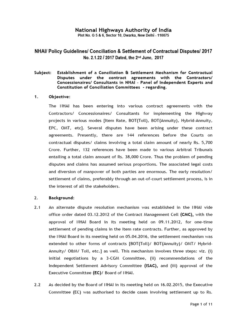 NHAI Conciliation Guidelines 2017 | PDF