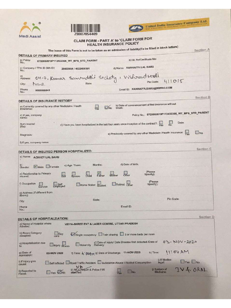 Mediclaim Form 1 | PDF