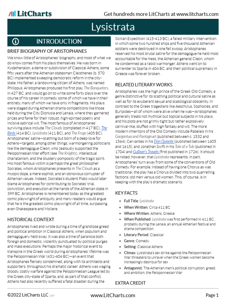 Lysistrata LitChart | PDF | Aristophanes | Peloponnesian War