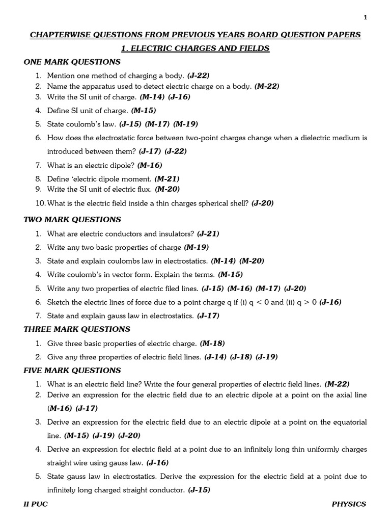 II Puc Physics Chapterwise Questions From Previous Years Question Paper | PDF