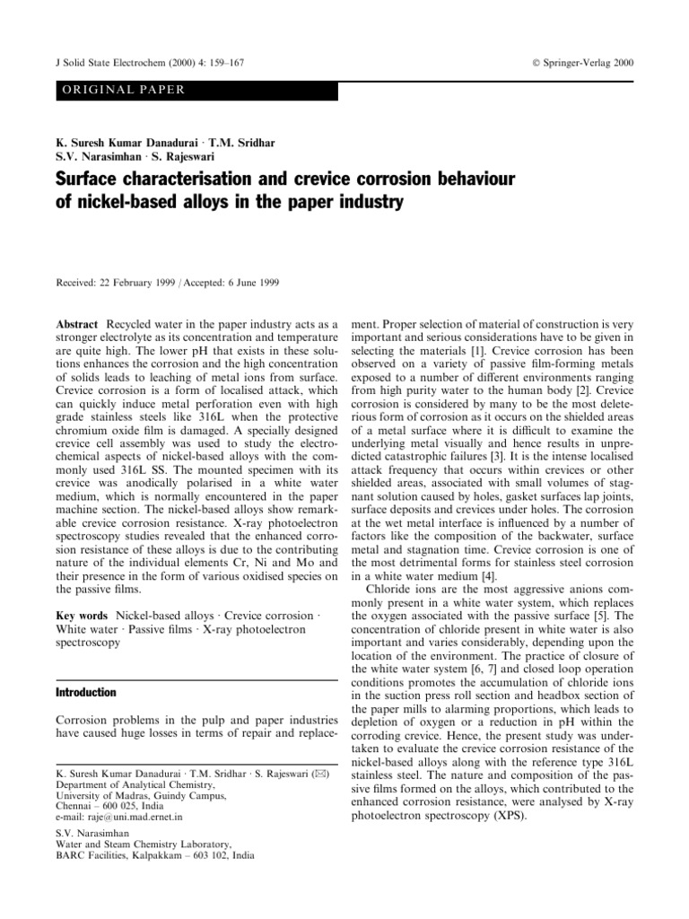 Surface Characterisation and Crevice Corrosion Behaviour of Nickel-Based Alloys in The Paper ...