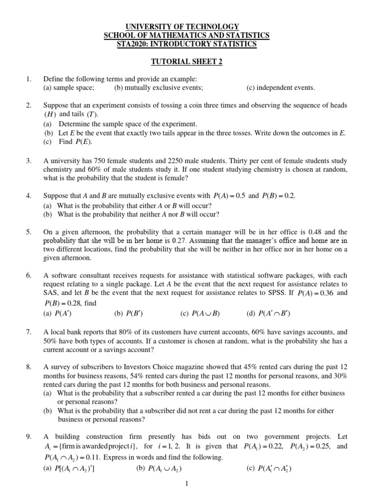 Sta2020 Tutorial Sheet 2 | PDF | Probability | Mathematics