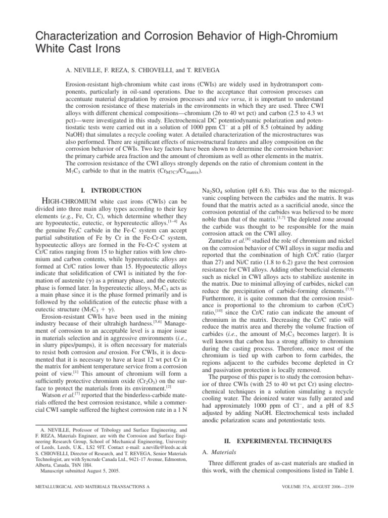 Characterization and Corrosion Behavior of High-Chromium White Cast Irons | PDF
